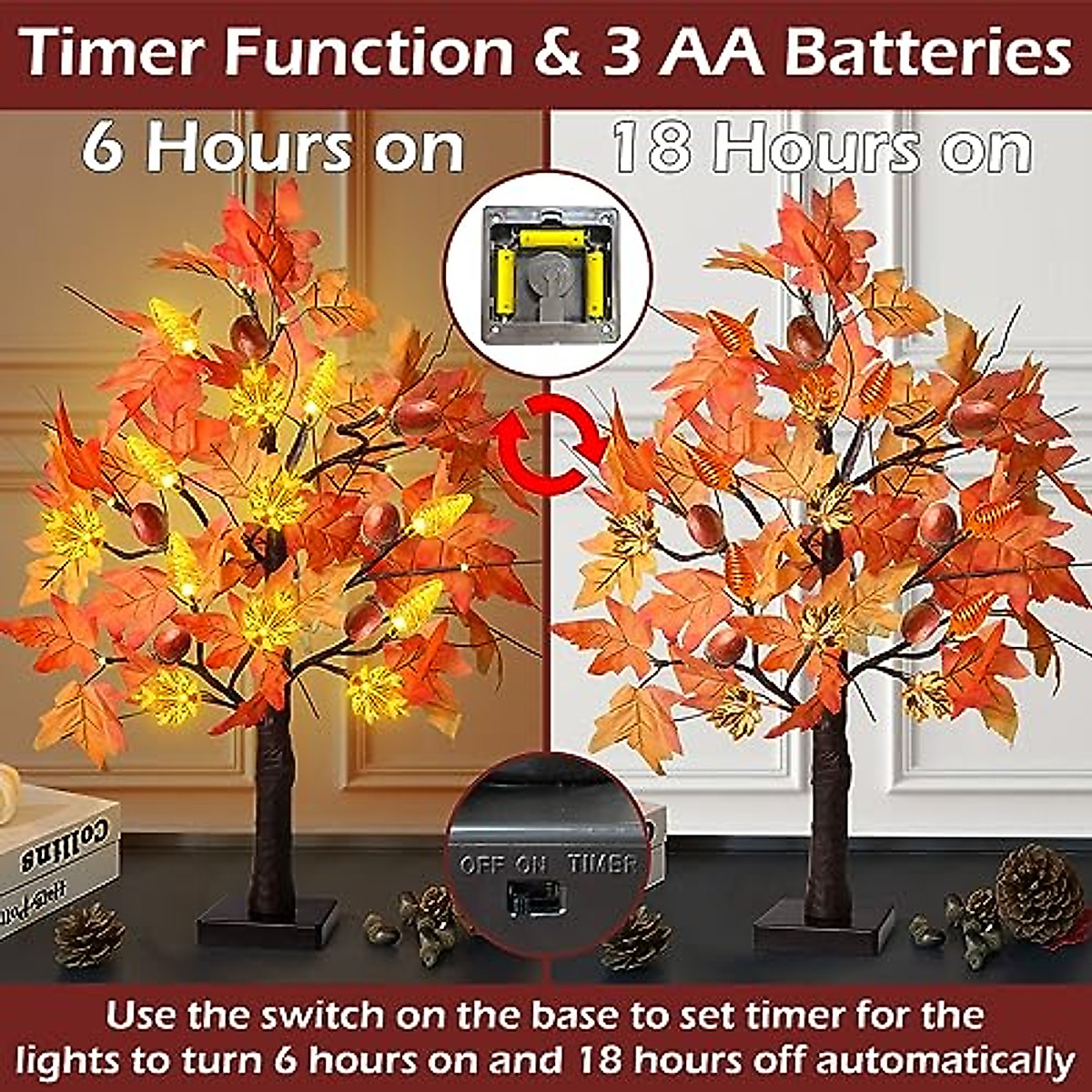 SURCVIO 2 Pack 24 Inch Prelit Fall Maple Tree Fall Decor with 48 LEDs Timer Battery Operated Pinecones Acorns Artificial Autumn Maple Tree for Thanksgiving Harvest Indoor Outdoor Home Decorations