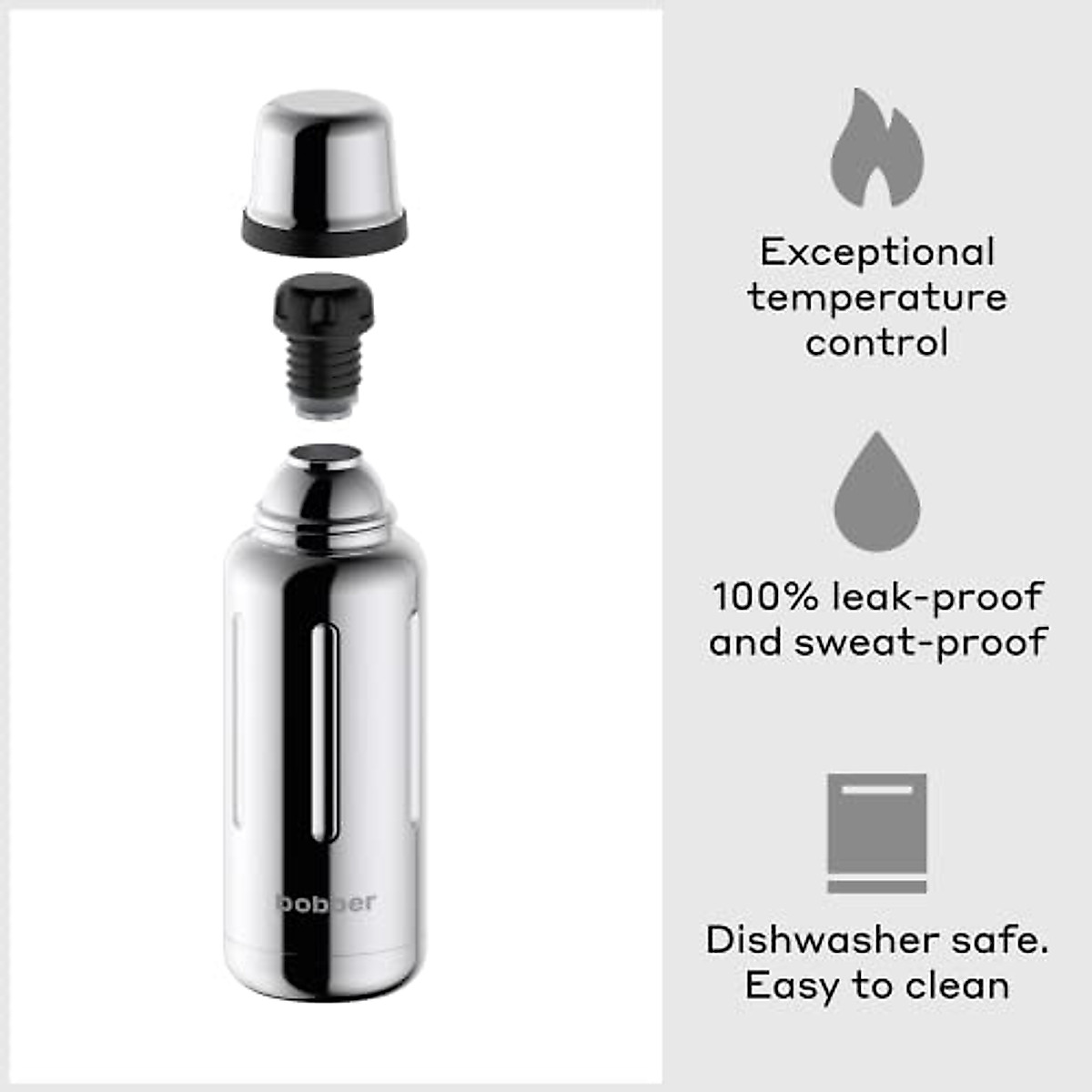 Bobber - 34 oz Vacuum Insulated Stainless Steel Water Bottle with Cup Lid - Dishwasher Safe - Keeps Drinks Hot for 48 Hours and Cold for 72 Hours - Double Walled Thermo Flask (Glossy)
