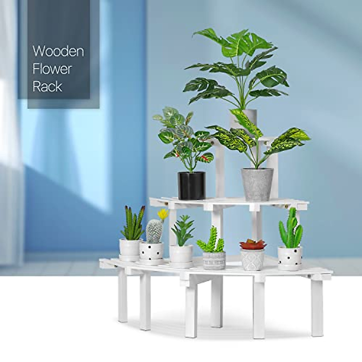 MoNiBloom 3 Tier Corner Stair Plant Stand, Bamboo Quarter Round Plant Display Holder Stair-Step Shelf Multifunctional Plant Support for Indoor Outdoor, White