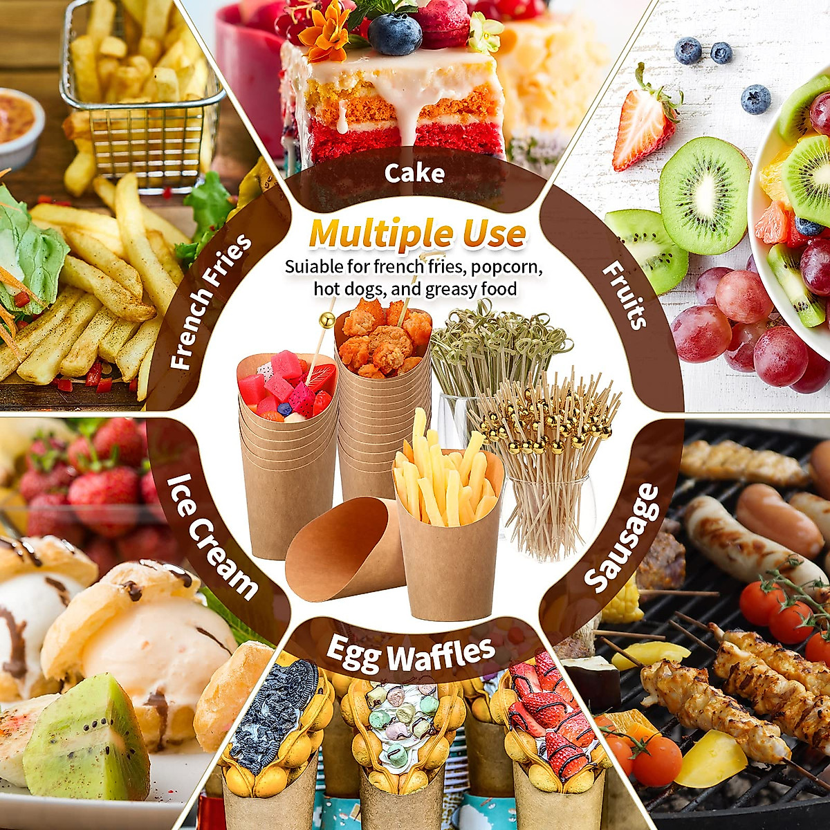 500 Pcs Disposable Charcuterie Cups with Cocktail Picks Set, 100 Pcs 12 oz Kraft Brown Appetizer Cups French Fry Holder Popcorn Ice Cream Paper Cones for Food Containers with 400 Pcs Bamboo Skewers