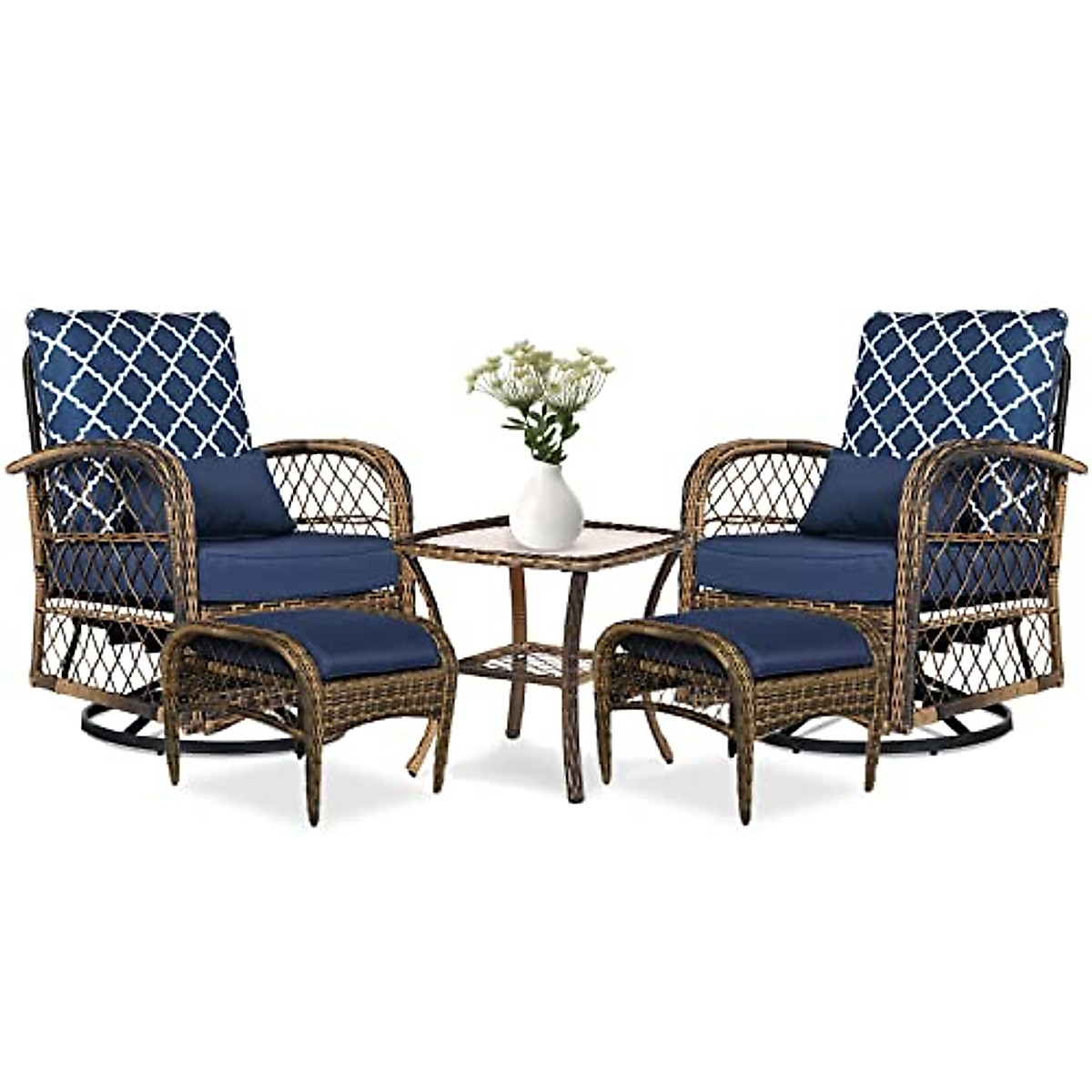 Rotihom 5 Piece Swivel Rocking Chair Set,Rattan Furniture Set with Glass Table and Ottoman,Patio Bistro Set for Garden,Backyard,Front Porch, Balcony