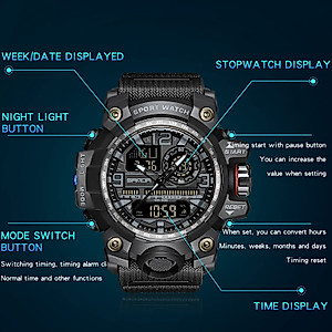 WISHFAN Men’s Military Watch, Dual-Display Waterproof Sports Digital Watch Big Wrist for Men with Alarm (black)