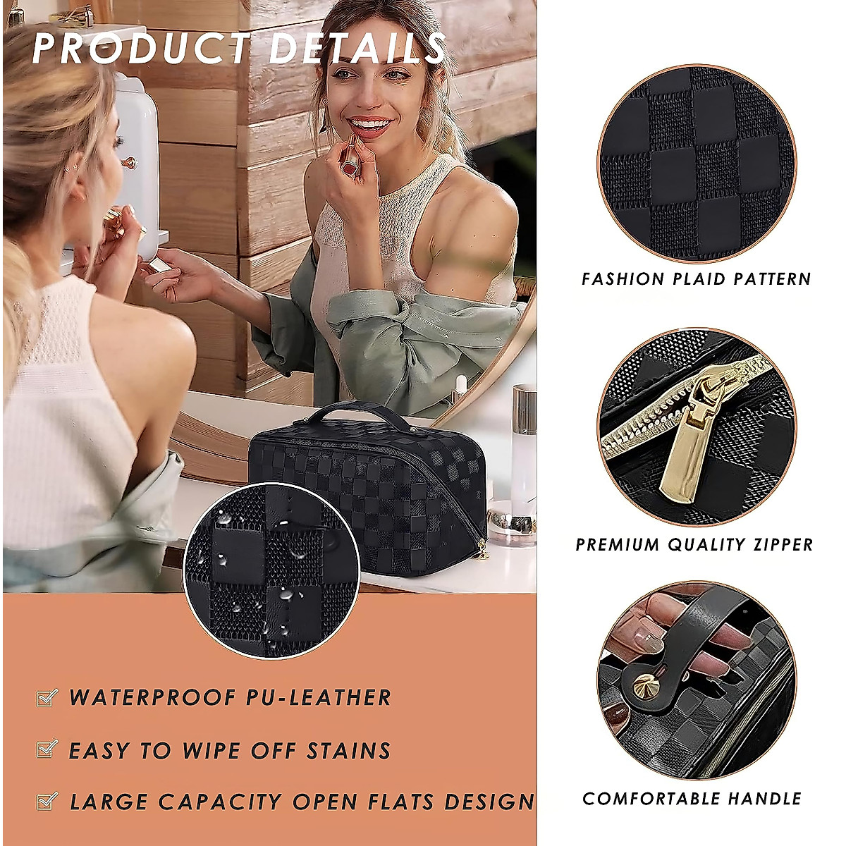 Checker Makeup Bag, Checkered Cosmetic Bag, Large Capacity Travel Cosmetic Bag, Everyday Makeup Bag, Emergency Bag for Teen Girls (WHITE)