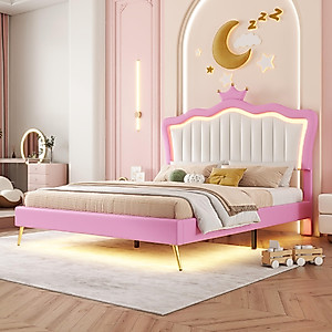 SOFTSEA Full Size Upholstered Bed with LED Lights, Princess Platform Bed for Girls, Adjustable Headboard with Crown, Wood Slats Support, No Box Spring Needed, Pink