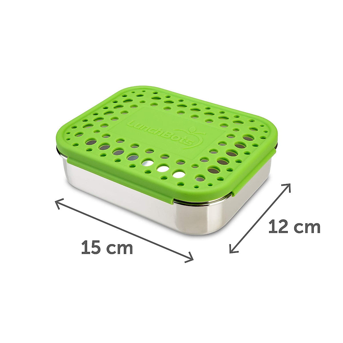 LunchBots Medium Quad Snack Container - Divided Stainless Steel Food Container - Four Sections for Finger Foods On the Go - Eco-Friendly, Dishwasher Safe - Stainless Lid - Green Dots