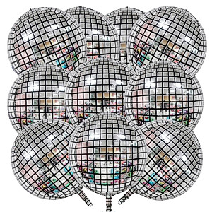 KALOR 22 Inch Metallic Disco Silver Mylar Balloons,10 Pcs Disco Ball Balloons,Large 4D Giant Round Foil Balloons for 70s Disco Party Decorations Birthday Decorations