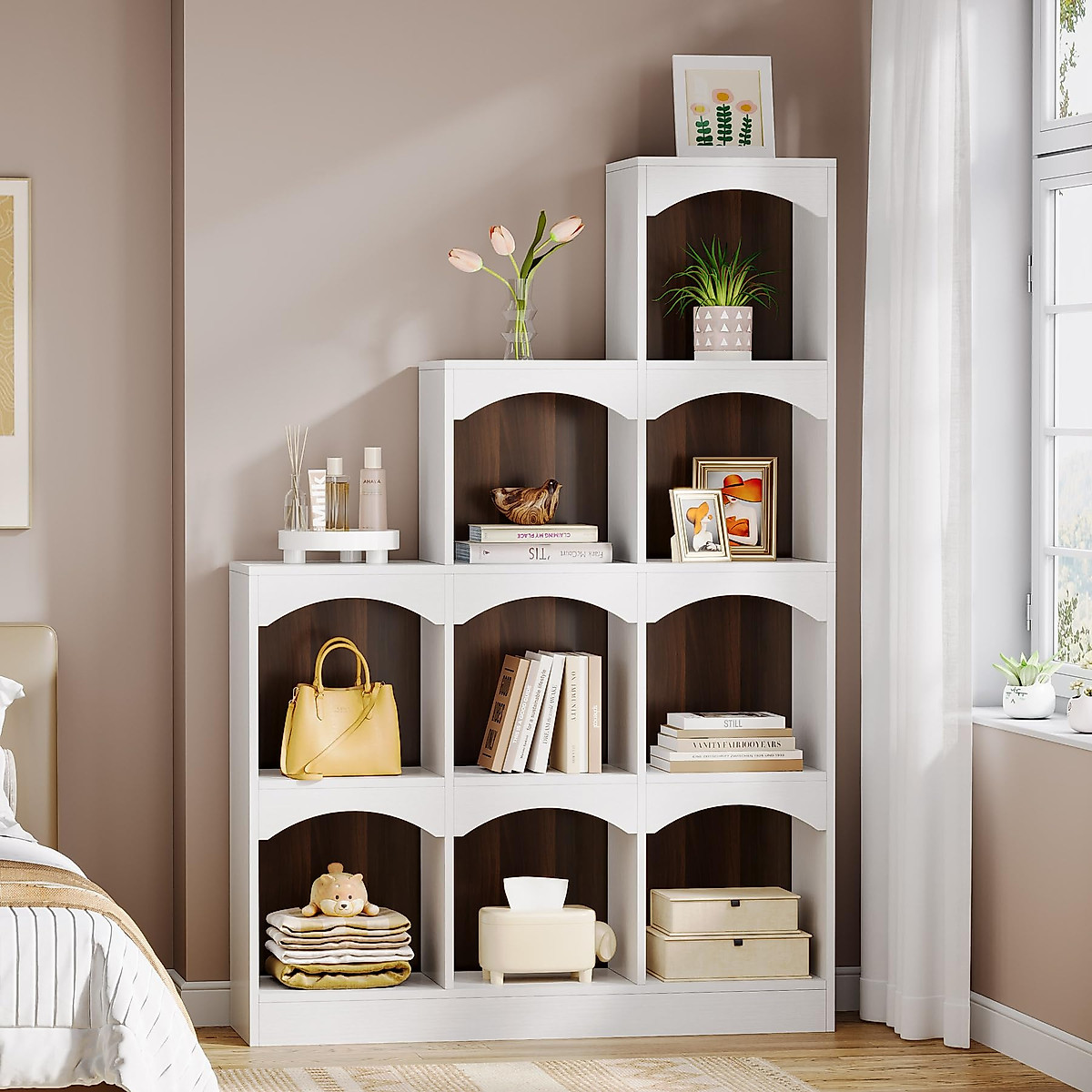 Tribesigns 9 Cubes Bookshelf, Modern 9-Cube Stepped Etagere Bookcase, L-Shaped Ladder Corner Open Bookshelf, Wood Storage Display Shelf for Living Room Home Office, White