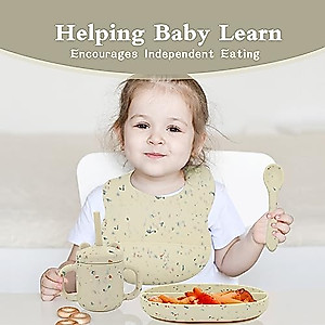 SILI FACTORY Silicone Baby Feeding Set - Suction Bowl with Lid Toddler Plates,Adjustable Bib Sippy Cup Spoons Forks -Baby Led Weaning Supplies,Baby Plates and Bowls Set for 6+ Months