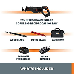 Worx Nitro WX516L 20V Power Share PRO 4.0Ah Cordless Reciprocating Saw with Brushless Motor