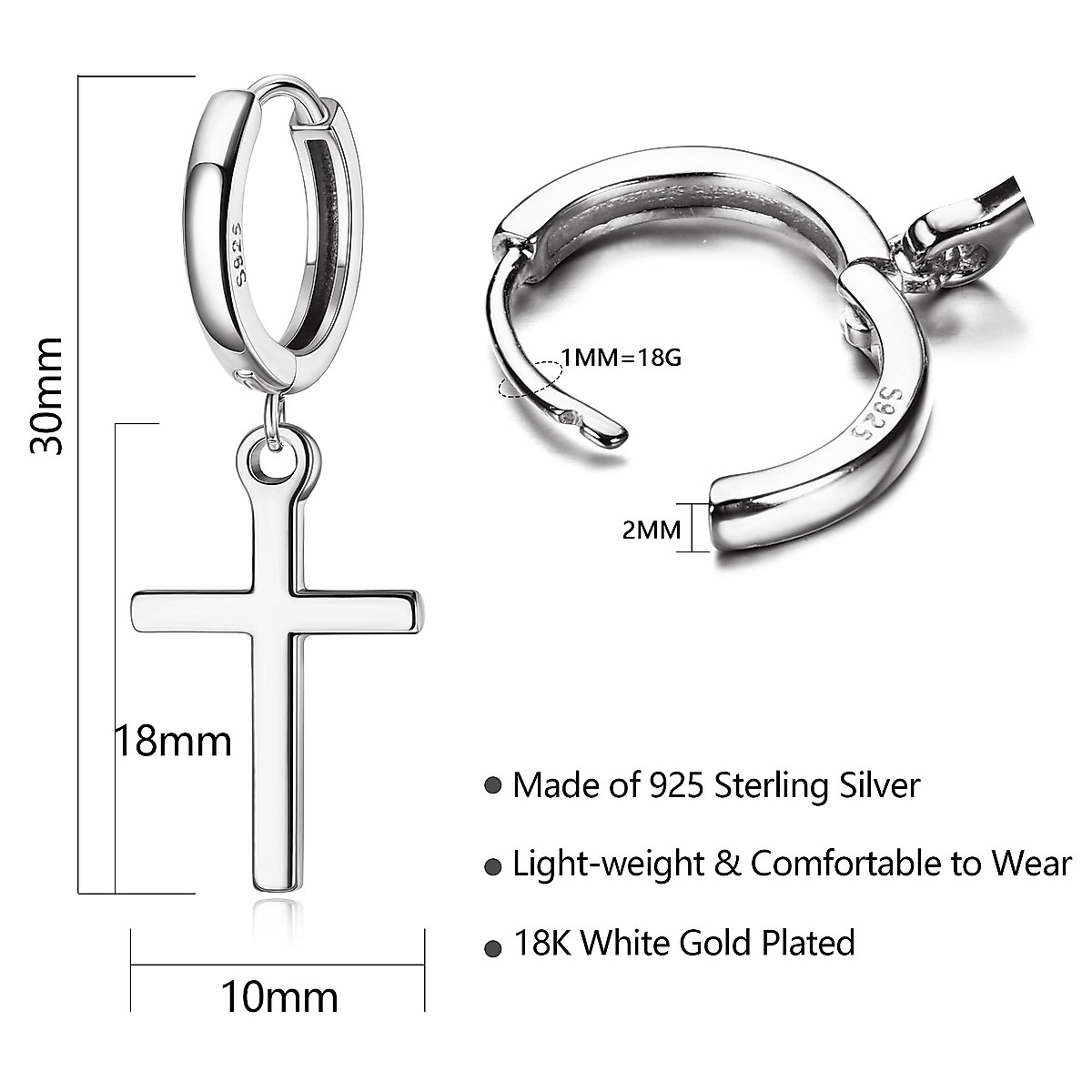 Milacolato S925 Sterling Silver Cross Hoop Earrings 18K White Gold Plated Minimalist Dangle Cross Huggie Cuff Earrings Hypoallergenic Lightweight Trendy Cross Hoop Earrings for Men Women