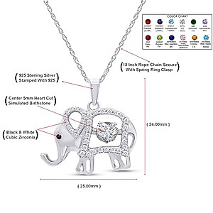 AFFY Simulated Aquamarine And White Cubic Zirconia Floater Elephant Pendant Necklace, 14K White Gold Over Sterling Silver, 5MM Heart Cut Center Aquamarine, 18'' Rope Chain