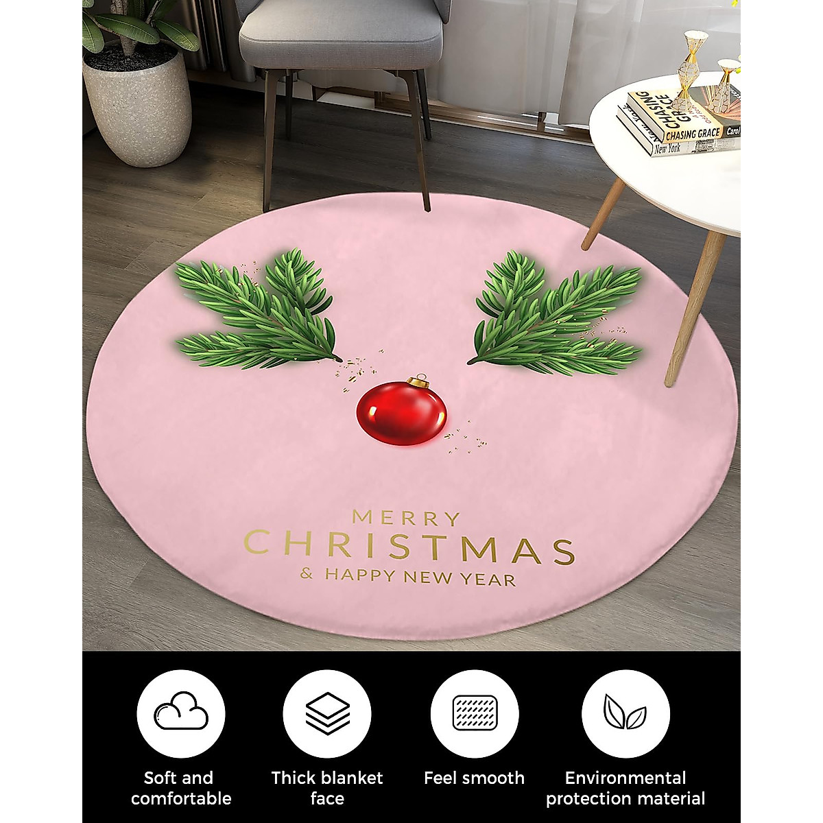 Blush Pink Christmas Fluffy Round Area Rug Carpets 4ft, Plush Shaggy Carpet Soft Circular Rugs, Non-Slip Fuzzy Accent Floor Mat for Living Room Bedroom Nursery Xmas Winter Pine Tree Leaf Green Gold