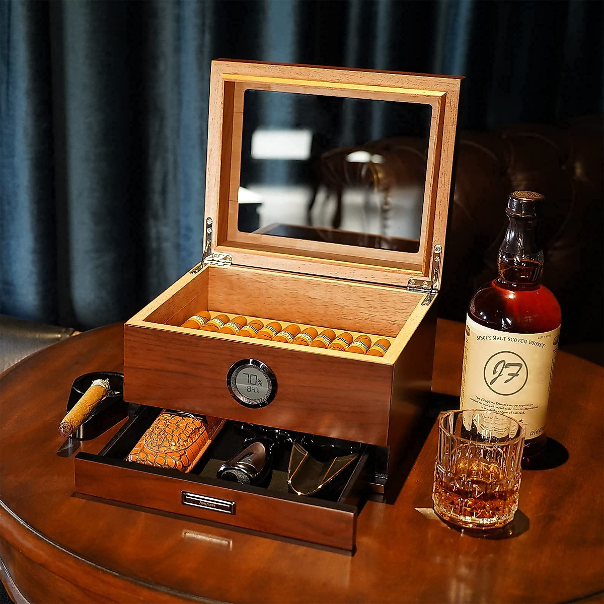 Cigar Humidors, Handcrafted Spanish Cedar Glass Top Humidor, Cigar Desktop Box Accurate Digital Hygrometer with 2 Humidor Solution(25-55 Cigars) by Jansfuren