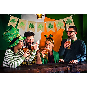 Whaline St. Patrick's Day Banner with Wooden Beads Glitter Green Shamrock Garland Burlap Banner Pre-Assembled Wooden Beads Clover Banner Fireplace Wall Hanging for Party Home Decoration