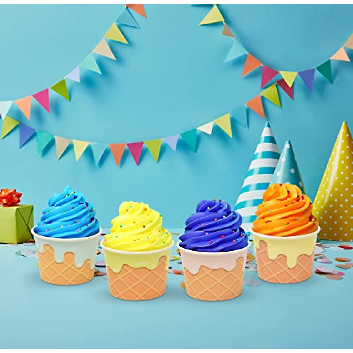 Gift Boutique 60 Ice Cream Cone Treat Snack Cups 10 Oz. Disposable Paper Cup Dessert Ice Cream Bowls Pink Blue Yellow Green Frozen Treats Cupcakes Birthday Party Favor Supplies Decorations