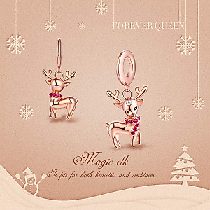 Reindeer Dangle Charm fit for Pandora Charms Bracelets 925 Sterling Silver with Cubic Zirconia Rose Gold Plated Christmas Gift Jewelry for Women and