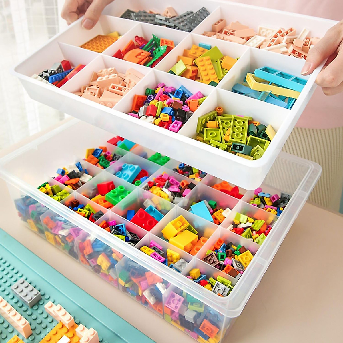 Toys Storage Organizer Box for Lego, Toy Storage Box with Building Plate Lid and Removable Tray, Building Block Storage, Stackable Plastic Organizer Bins(Yellow)