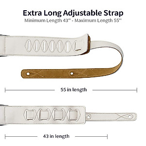BestSounds Genuine Leather Guitar Strap for Electric & Acoustic Bass Guitar, White Padded Guitar Strap