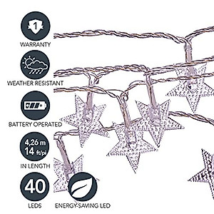 Sterno Home GL42595 LED Battery-Operated Star String Lights, 44 Feet, Warm White Cord