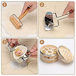 CrownSpire - bamboo steamer 10 inch - bamboo steamer basket - for vegetables + sea food + dumpling cutter + Stainless Steel chopsticks - adapter ring - reusable silicone liners - rolling pin