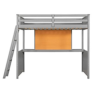 Lifeand Twin Size Loft Bed with Desk and Writing Board, Wooden Loft Bed with Desk,Gray