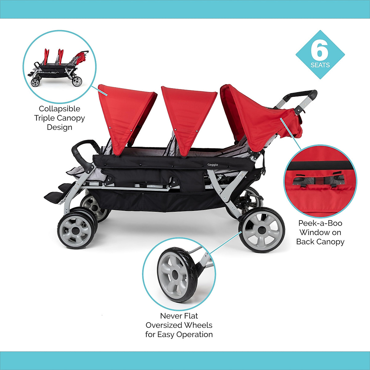 Gaggle by Foundations Jamboree 6-Seat Multi-Child Stroller with Oversized UV Blocking Canopy, Compact Folding Stroller, Easy Loading, Storage Bucket (Red)