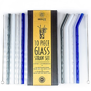 Reusable Glass Straw Set | 8 Multi Color Straws with 2 Cleaning Brushes | 4 Eco Friendly Bent Glass Straws and 4 Straight Glass Tube Straws | Zero Waste Drinking Straws | Dishwasher Safe