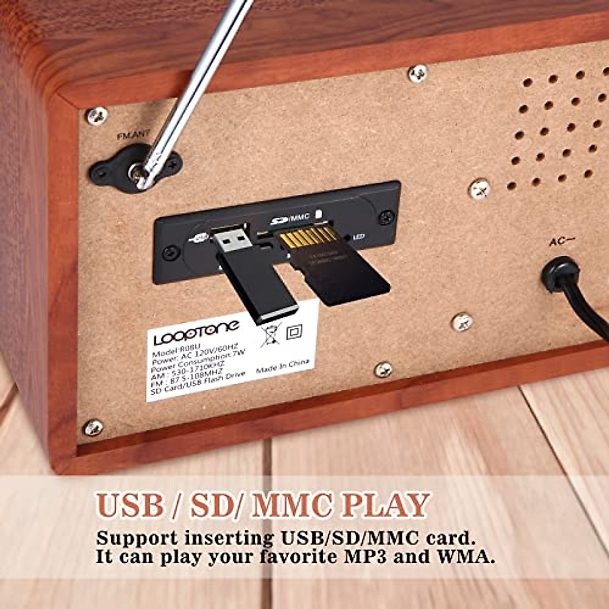 LoopTone USB SD Multifunction AM FM Vintage Radio with Bluetooth Speaker,Retro Wood Table Radio for Kitchen Living Room with Rotary Knob