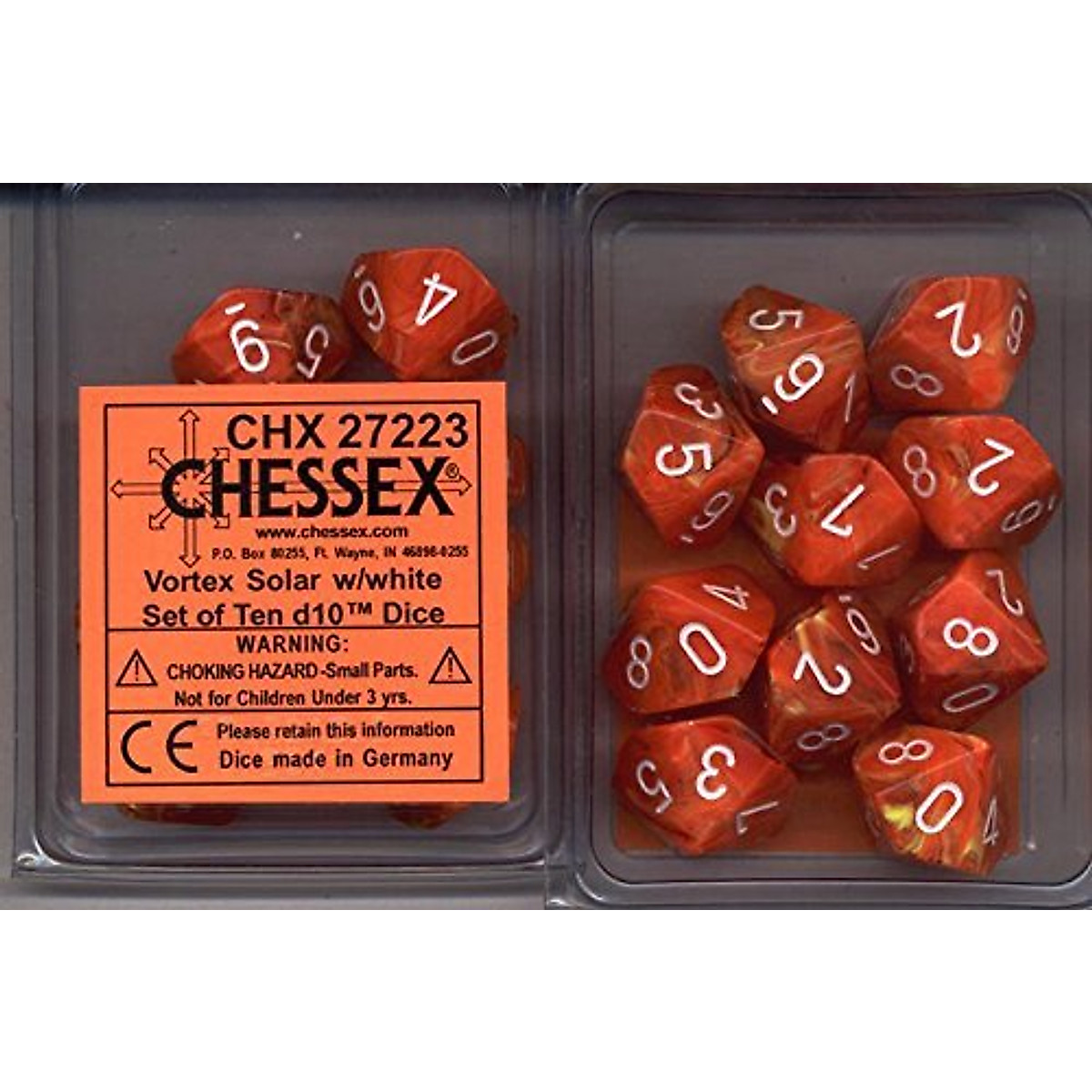 Chessex Dice Sets: Vortex Solar Orange Marble with White - Ten Sided Die d10 Set (10)