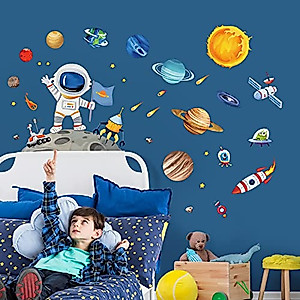 wondever Outer Space Astronaut Wall Stickers Planets Rocket Peel and Stick Wall Art Decals for Baby Nursery Kids Bedroom Playroom