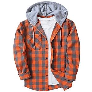 SCODI Mens Flannel Hoodie Shirt Casual Button Down Plaid Jacket Shirts Stylish Long Sleeve Shirts with Pocket Orange X-Large