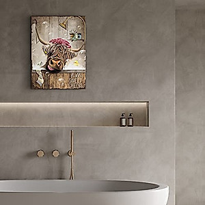 Highland Cow Bathroom Decor Wall Art Farmhouse Cow Bathroom Picture Wall Decor Funny Cattle Painting Framed Modern Artwork for Bathroom Toilets Decor 12x16 inch