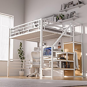 GM Ultra Full Size Loft Bed with Desk & Storage Stairs, Metal Loft Bed Frame with Wardrobe, Versatile High Loft Bed for Kids Teens Adults, Sturdy Slats Support, No Box Spring Needed, White