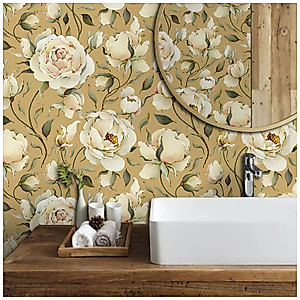 HAOKHOME Vintage Roses Floral Peel and Stick Wallpaper Peonies Removable Yellow/Beige/Olive Vinyl Self Adhesive Mural 17.7in x 9.8ft