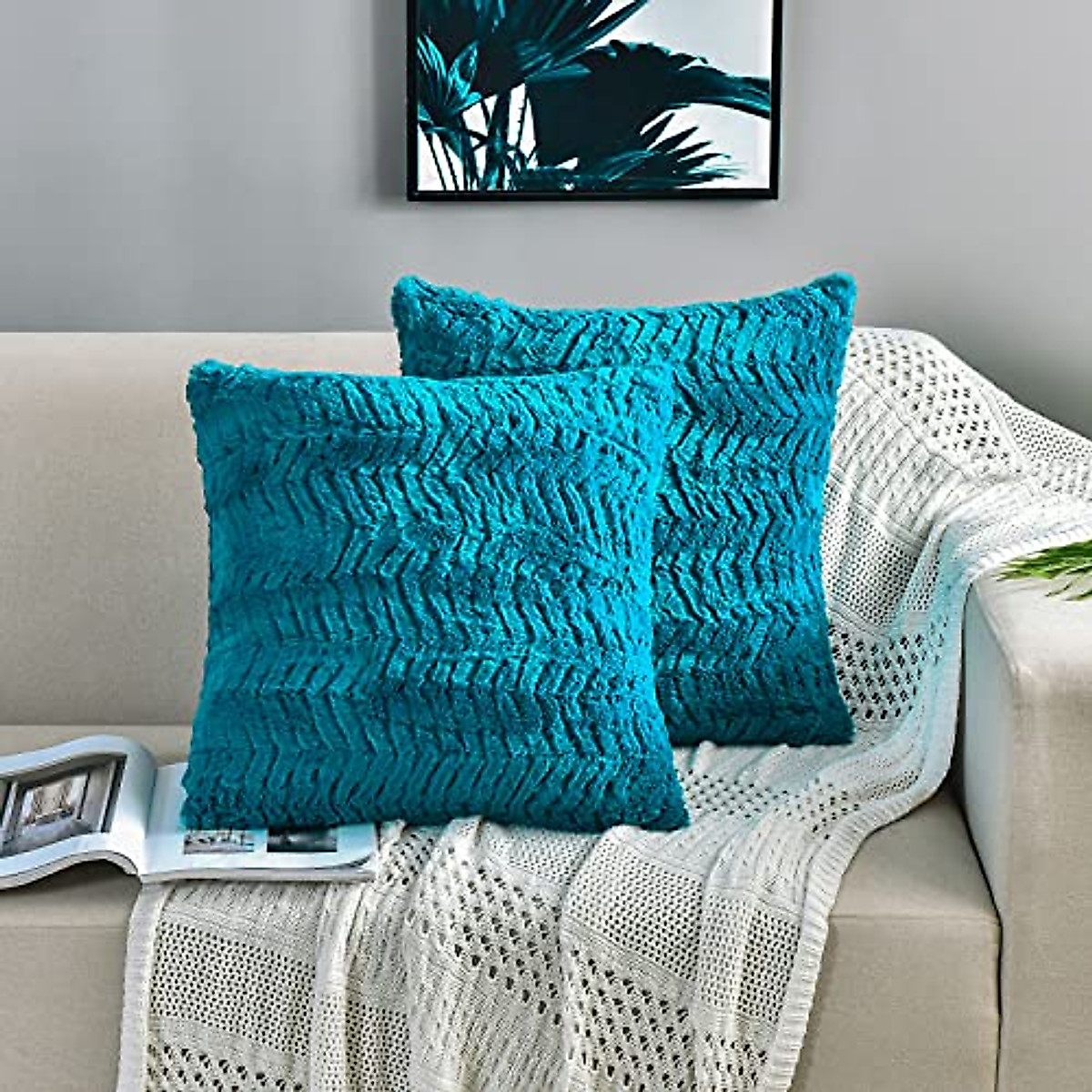 YUSOKI Luxury Faux Fur Throw Pillow Covers-18 x18,Set of 2-Decorative Fuzzy Fluffy Cozy Pillow Cases for Sofa Couch Bedroom Without Insert(Teal/Turquoise,18"x18")