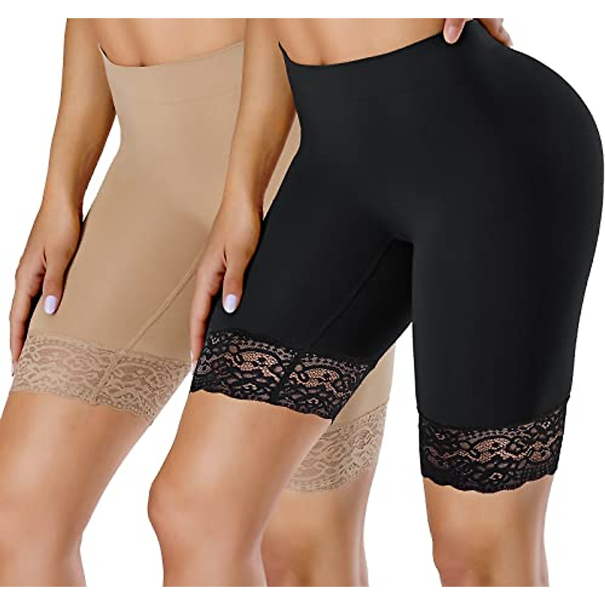 RILIAM 2 Pack Women Lace Slip Shorts for Under Dresses Smooth Seamless Anti-Chafing Underwear Spanks Thigh Slimmer(Black+Nude,X-Large)