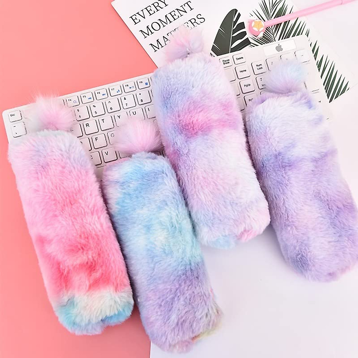 Plush Rainbow Pencil Case for Girls Fluffy Pencil Case Cute Rainbow Pencil Holder Soft Pencil Case Fluffy Pencil Bag Makeup Pouch Colored Storage Bags Large Capacity School Supplies for Kids