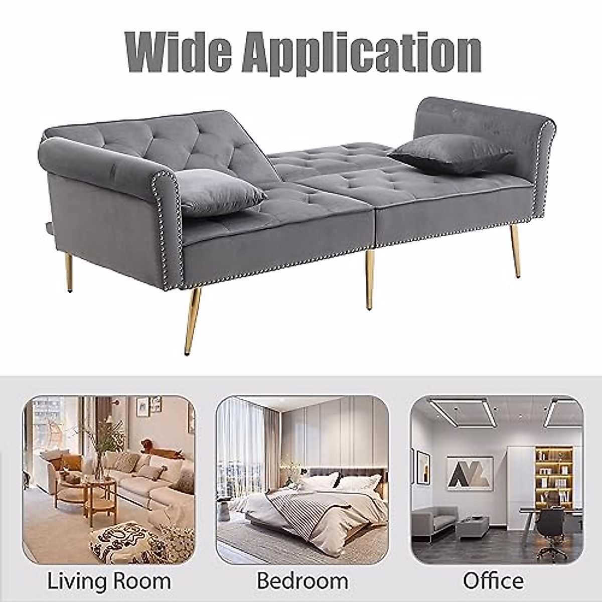 civama Futon Sofa Bed, Velvet 76" Twin Size Couch with 2 Pillows, Convertible 3-Seater 3 Adjustable Angle Tufted Sleeper with Nailhead Trim, Golden Metal Legs Folding Futon for Living Space, Gray