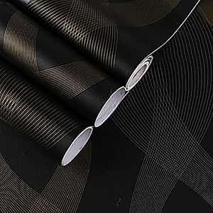 CHENGZHG 17.7" x 196" Peel and Stick Stripe Wallpaper Modern Black Contact Paper Black and Gold Removable Wave Wallpaper Self Adhesive Film for Cabinets Kitchen Bedroom Furniture