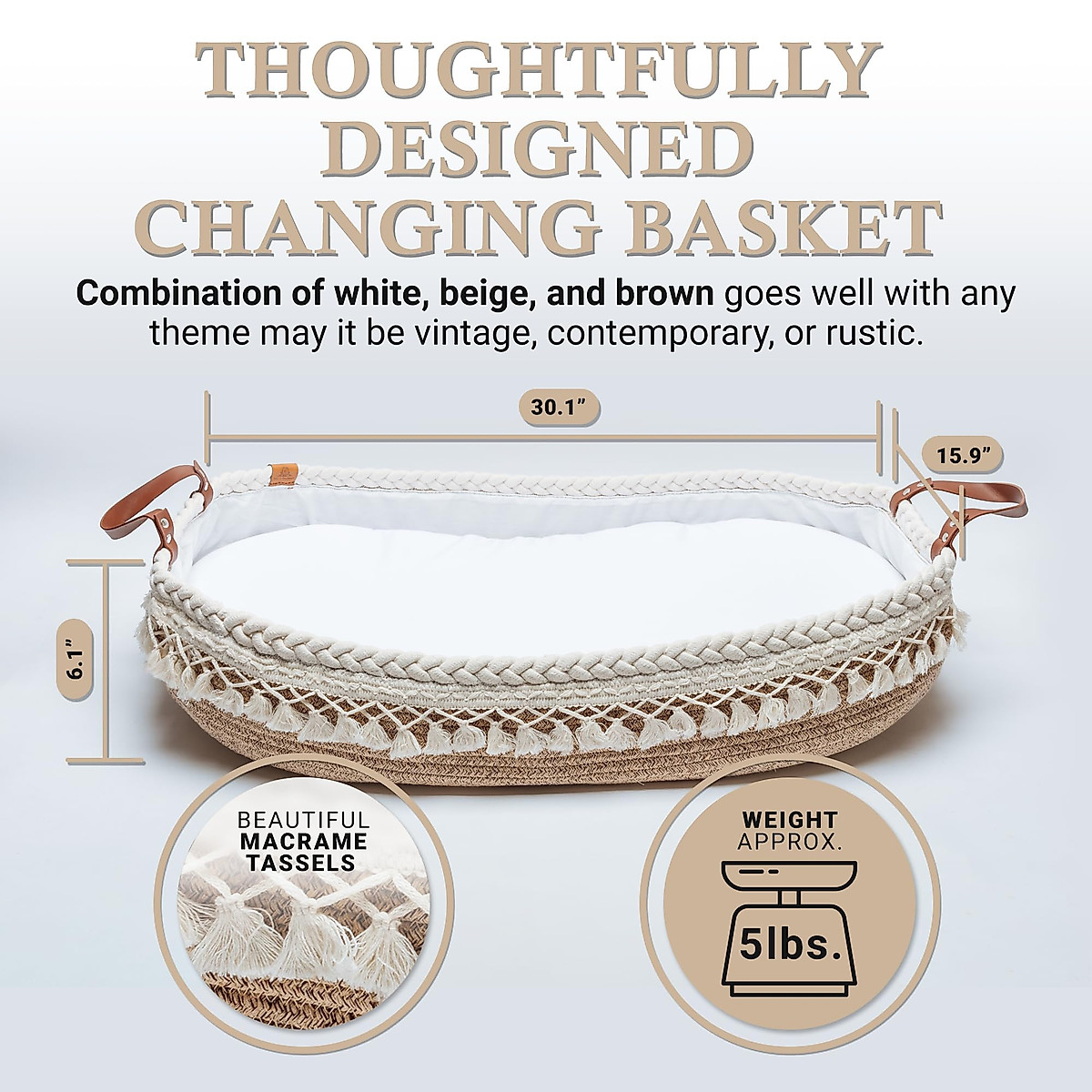 Premium Baby Changing Basket with Leather Handles and Plush Foam Pad - Changing Basket for Baby Dresser - Works great as Changing Table Basket and Baby Change Basket - Baby Changing Basket for Dresser