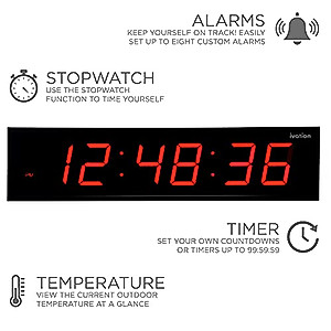Ivation Huge 24" Inch Large Big Oversized Digital LED Clock with Stopwatch, Alarms, Countdown Timer & Temp - Shelf or Wall Mount (Red) | 6-Level Brightness, Mounting Holes & Hardware