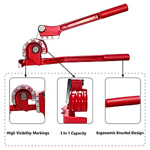 RiYii Tube Bender, 3 In 1 Copper Pipe Bender, 0-180 Degrees Tubing Bender, 1/4" 5/16" 3/8" Refrigeration Line Bending Tools for Copper, Brass, Soft Metal, Aluminum and Thin Stainless Steel Pipes, Red