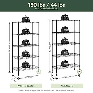 Furinno Wayar 5-Tier Metal Storage Shelf Rack Cart with Casters, 30 x 14 x 58, Black