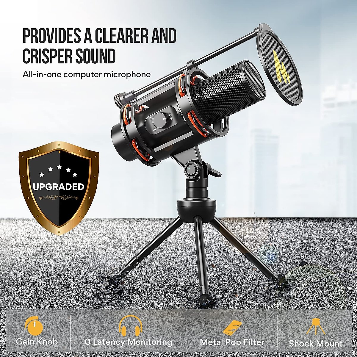 MAONO Computer Microphone All in One USB Condenser Mic 192kHz/24bit with Metal Pop Filter, Tripod, Gain Knob&0-Latency Monitoring for Zoom Meeting, Podcasting, Streaming, YouTube, Voice Over, Gaming