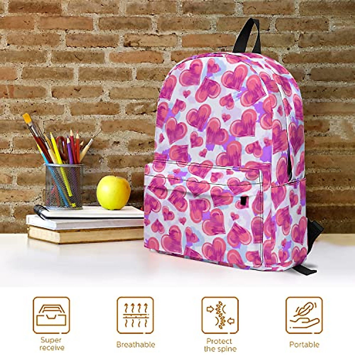 Travel Backpack Pink Love Hearts Backpacks Laptop Backpacks Lightweight Daypack Mini Backpack For Boys Girls 16 Inch