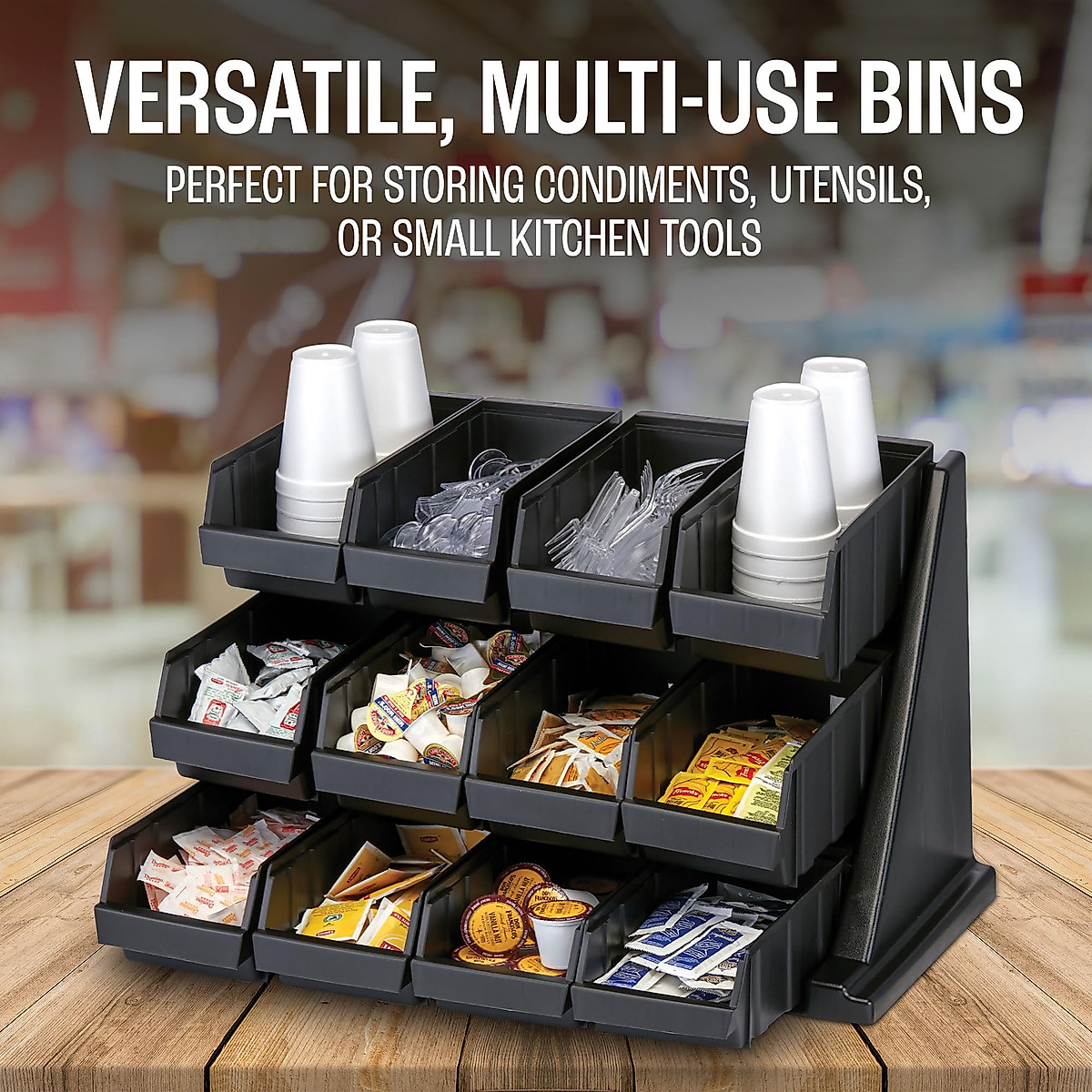 Cambro 12RS12110 Black Versa Self Serve Condiment Bin Stand Set with 3-Tier Stand and 12" Condiment Bins Case of 1