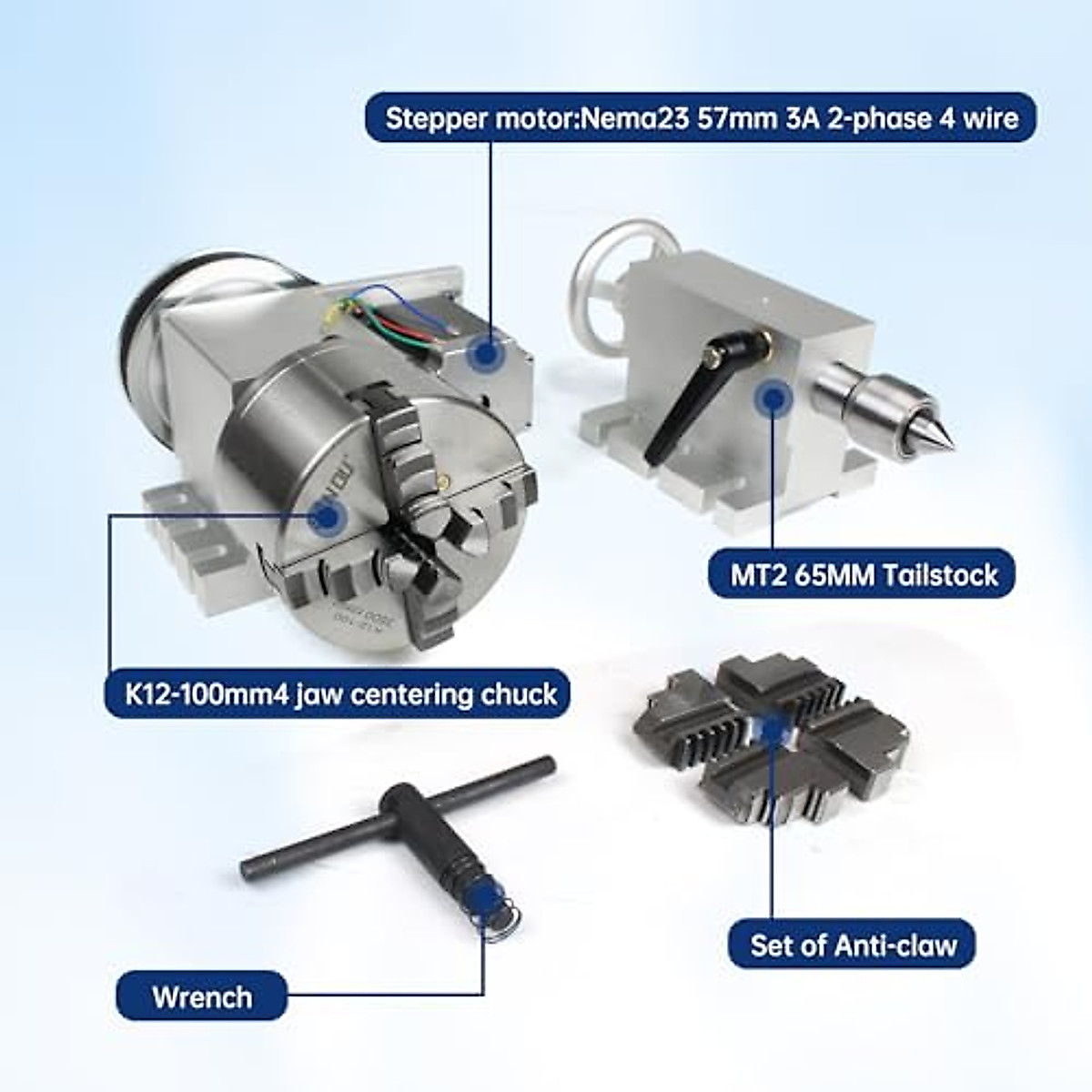 CNCTOPBAOS K12-100mm CNC Router Milling Machine Rotational Axis 4th Axis A axis Rotary Table A axis 100mm 4 jaw chuck dividing head,MT2 65mm Tailstock Reducing ratio 6:1 for CNC Engraving Machine