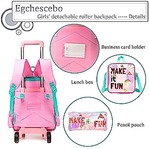 Egchescebo Kids Rolling Backpack for Girls Suitcases Trolley Backpacks with Wheels Roller Luggage Backpack on Wheels with Lunch Box Pencil Case for Elementary Girls Travel School Bag Aged 6-15 Red