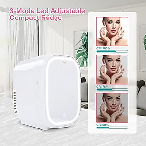 Cegsin Mini Fridge, 5 Liter/8 Cans Small Skincare Fridge with LED Mirror Door, AC/DC Portable Mini Refrigerator for Cosmetic & Makeup, Plug In Cooler and Warmer for Bedroom, Dorm, Office, Car(White)
