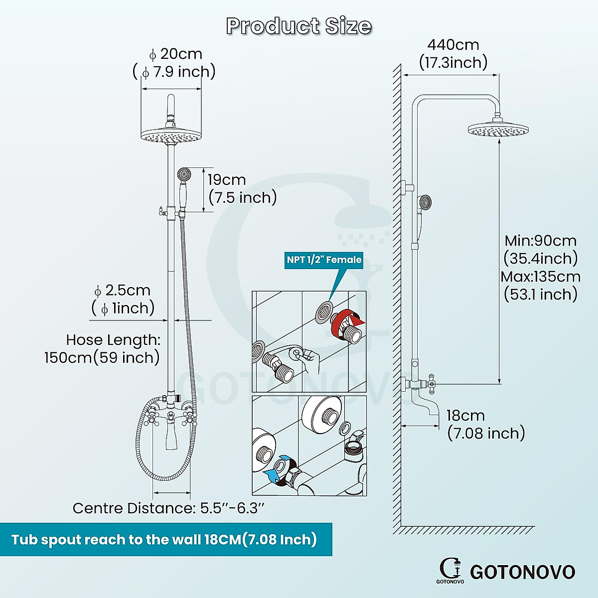 gotonovo Exposed Shower Faucet Set 8 Inch Rainfall Showerhead 3-Function Shower Fixture with Tub Spout 2 Corss Handles Shower System Polish Chrome